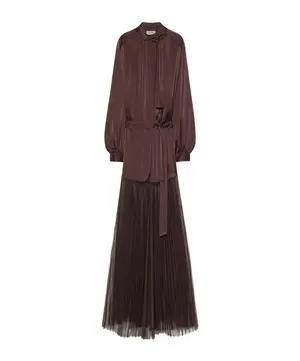 FORTE_FORTE Silk Satin Dress With A Plissé-pleated Tulle Skirt Diamond - Chestnut