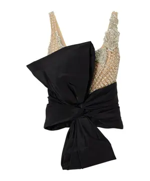 Oscar De La Renta Bow-detailed Crystal And Sequin-embellished Satin-trimmed Tulle Top - Black