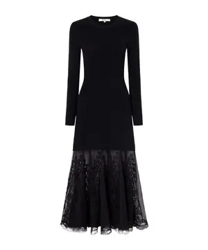 Sea Embroidered Tulle-trimmed Wool Midi Dress