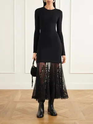 Sea Embroidered Tulle-trimmed Wool Midi Dress
