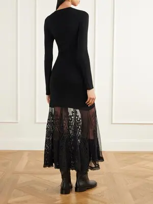 Sea Embroidered Tulle-trimmed Wool Midi Dress