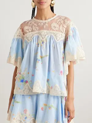 Zimmermann Lace-trimmed Floral-print Cotton-voile Blouse