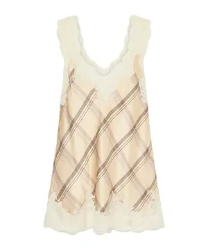 Rabanne Beige Tartan Print Silk Tank Top With Lace Detailing