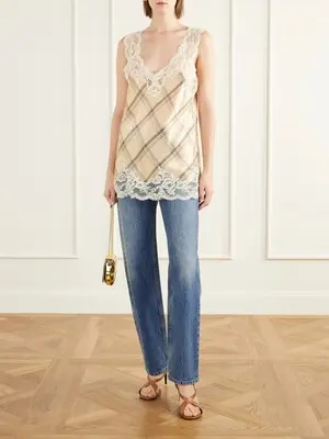 Rabanne Beige Tartan Print Silk Tank Top With Lace Detailing