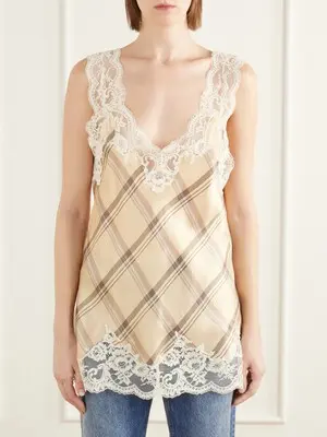 Rabanne Beige Tartan Print Silk Tank Top With Lace Detailing