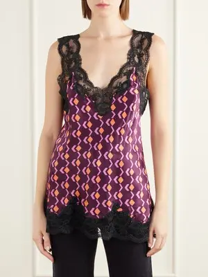 Rabanne Printed Lace-trimmed Silk-satin Cami