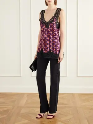 Rabanne Printed Lace-trimmed Silk-satin Cami