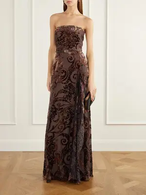 Elie Saab Strapless Belted Devoré Silk-blend Velvet Gown