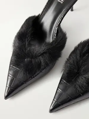 Paris Texas Plush-trimmed Croc-effect Leather Pumps