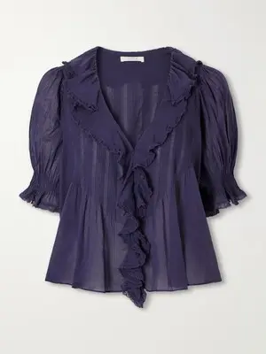 DÔEN Henri Ruffled Pintucked Lace-trimmed Organic Cotton-voile Blouse - Blue