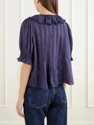 DÔEN Henri Ruffled Pintucked Lace-trimmed Organic Cotton-voile Blouse - Blue