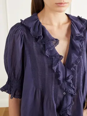 DÔEN Henri Ruffled Pintucked Lace-trimmed Organic Cotton-voile Blouse - Blue