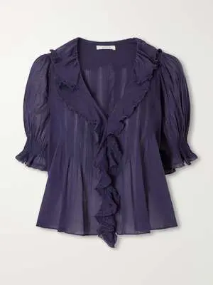 DÔEN Henri Ruffled Pintucked Lace-trimmed Organic Cotton-voile Blouse - Navy