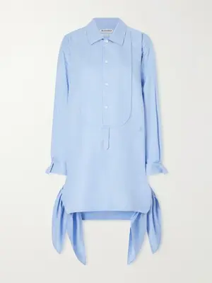 JW Anderson Tie-detailed Logo-embroidered Cotton And Silk-blend Poplin Mini Dress - Blue