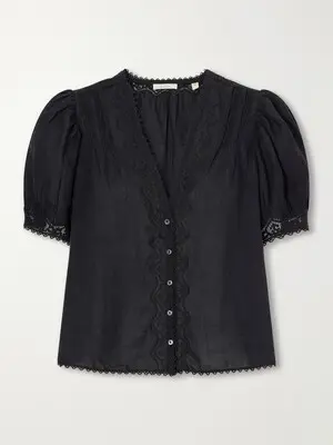 DÔEN Brigitta Lace-trimmed Pintucked Ramie Woven Blouse - Black