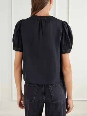DÔEN Brigitta Lace-trimmed Pintucked Ramie Woven Blouse - Black