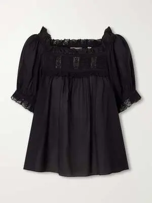 DÔEN Frances Ruched Lace-trimmed Organic Cotton-blend Voile Blouse