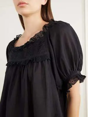 DÔEN Frances Ruched Lace-trimmed Organic Cotton-blend Voile Blouse