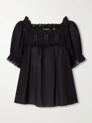 DÔEN Frances Ruched Lace-trimmed Organic Cotton-blend Voile Blouse