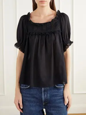 DÔEN Frances Ruched Lace-trimmed Organic Cotton-blend Voile Blouse