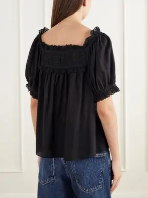 DÔEN Frances Ruched Lace-trimmed Organic Cotton-blend Voile Blouse