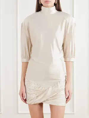Rabanne Pleated Stretch-satin Turtleneck Blouse