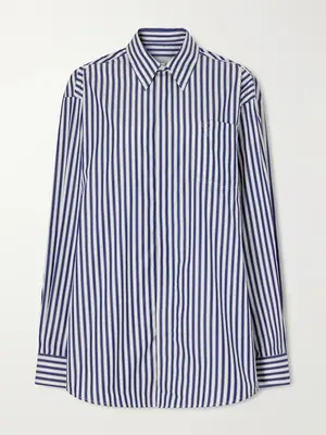 AMI Paris Logo-embroidered Striped Cotton-poplin Shirt - Blue
