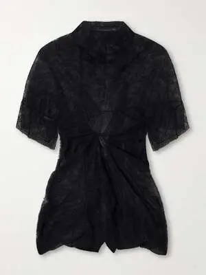 COLLEEN ALLEN Draped Ruffled Lace Blouse - Black