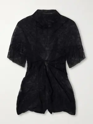 COLLEEN ALLEN Draped Ruffled Lace Blouse - Black