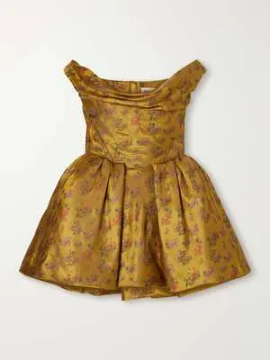 VIVIENNE WESTWOOD Mini Bagatelle Off-the-shoulder Pleated Floral-jacquard Duchess-silk Mini Dress - Gold