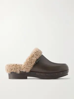 Brunello Cucinelli Monili-embellished Shearling-trimmed Leather Clogs - Brown