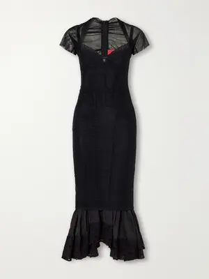 DILARA FINDIKOGLU Cloudy Border Lace-trimmed Stretch-mesh Midi Dress - Black