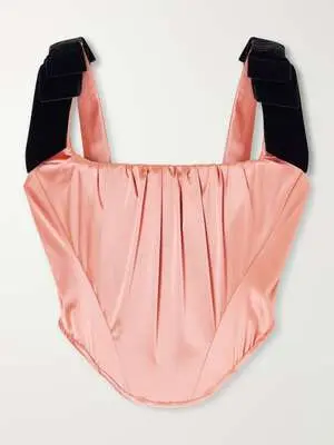 VIVIENNE WESTWOOD Pussycat Bow-detailed Velvet-trimmed Duchess-satin Bustier Top - Pink