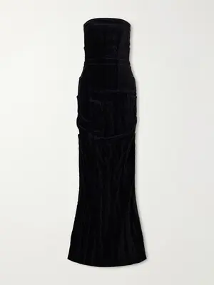 COLLEEN ALLEN Strapless Textured Cotton-velvet Gown - Black