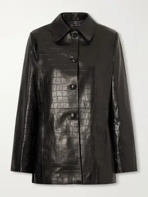 Nour Hammour Clara Croc-effect Leather Jacket - Black