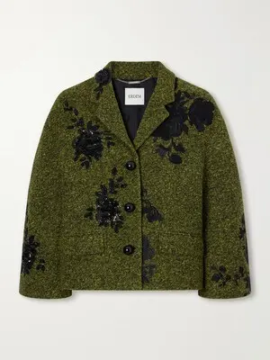Erdem Embellished Floral-embroidered Cropped Twill Jacket Green
