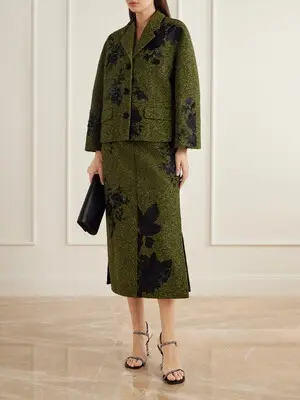 Erdem Embellished Floral-embroidered Cropped Twill Jacket - Green