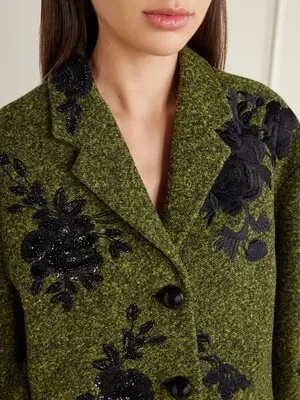 Erdem Embellished Floral-embroidered Cropped Twill Jacket - Green