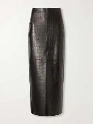 Nour Hammour Elyse Paneled Croc-effect Leather Maxi Skirt