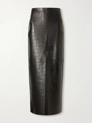 Nour Hammour Elyse Paneled Croc-effect Leather Midi Skirt - Black