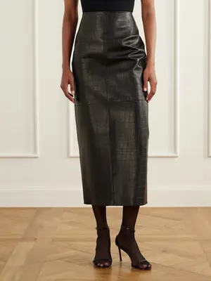 Nour Hammour Elyse Paneled Croc-effect Leather Midi Skirt