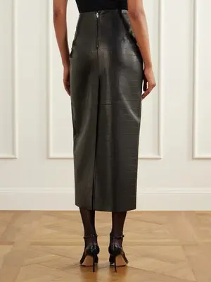 Nour Hammour Elyse Paneled Croc-effect Leather Midi Skirt