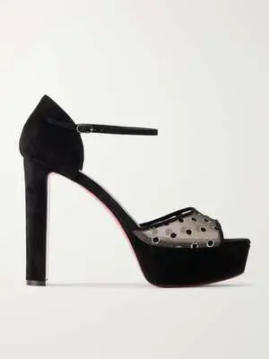 CHRISTIAN LOUBOUTIN Sandaloo 130 Polka-dots Mesh-trimmed Velvet Sandals - Black
