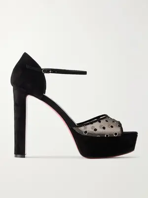 CHRISTIAN LOUBOUTIN Sandaloo 130 Polka-dots Mesh-trimmed Velvet Sandals - Black