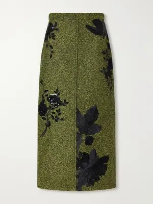 Erdem Embellished Floral-embroidered Pleated Satin And Twill Midi Skirt - Green