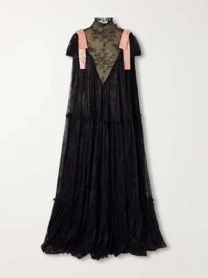 Erdem Bow-detailed Gathered Lace Gown - Black