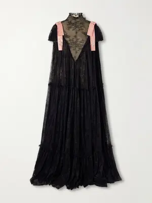Erdem Bow-detailed Gathered Lace Gown - Black