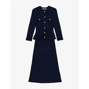 Maje Button-embellished Peplum-waist Knitted Midi Dress