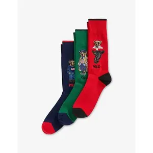 Polo Ralph Lauren Polo Bear Stretch Cotton-blend Socks Pack Of Three - Olive Multi