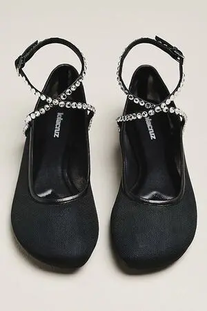Lola Cruz Rhestone Mesh Ballet Flats - Black
